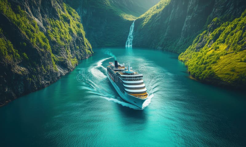 Cruise Ship Navigating through Stunning Fjord Landscape with Lush ...