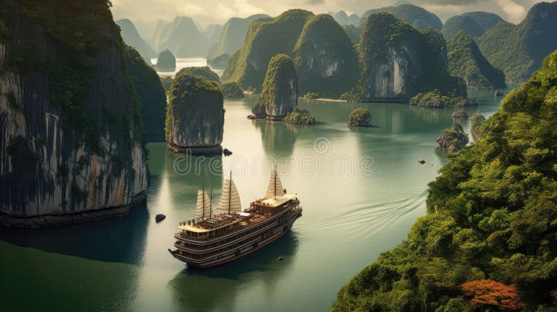 A Cruise Ship Navigating in Vietnam with Towering Limestone Cliffs and ...
