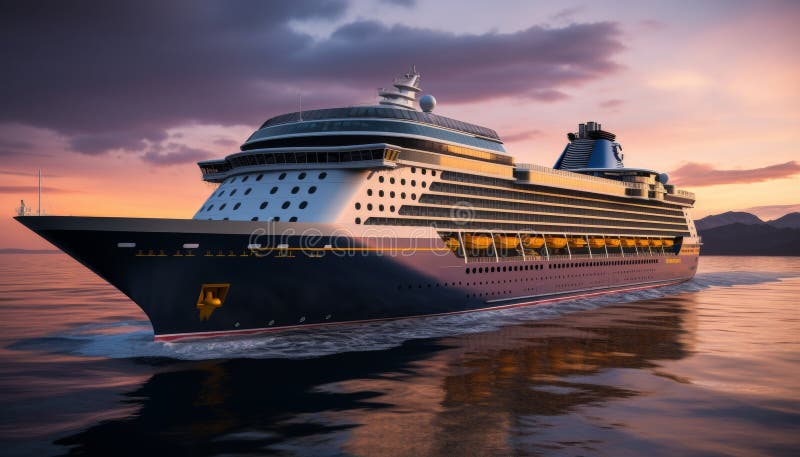 Cruise Ship in the Ocean at Beautiful Pink Sunset Stock Illustration ...