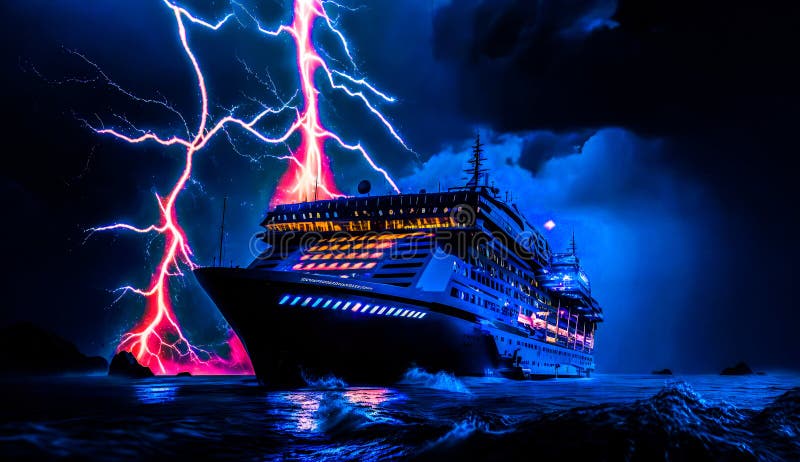 Cruise Ship in the Ocean with Lot of Lightning in the Sky. Generative ...