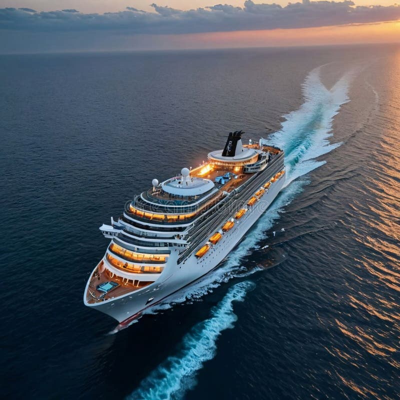 Cruise Ship on Ocean, Wave, Sunset, Top View Stock Illustration ...