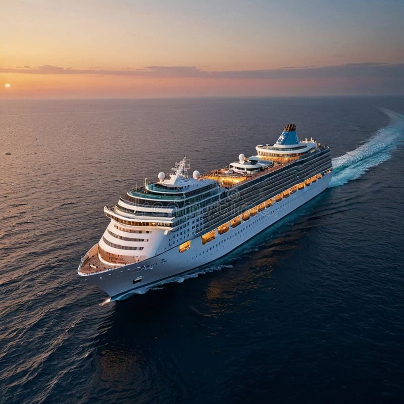 Cruise Ship on Ocean, Wave, Sunset, Top View Stock Illustration ...