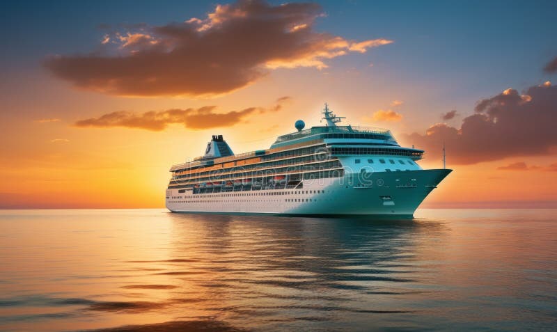 The Cruise Ship on the Ocean at Sunset with Sunset Colored Sky Stock ...