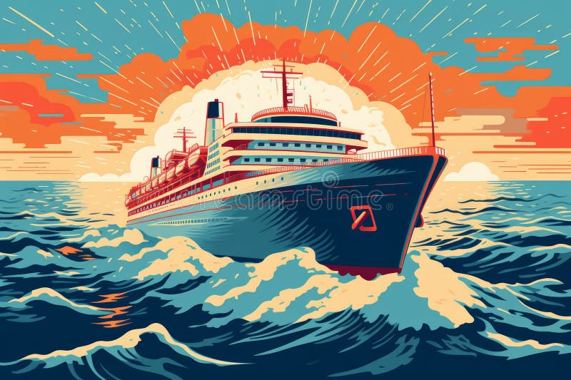 Cruise Ship Out on the Ocean, Vector, Retro Aesthetic, Illustration ...