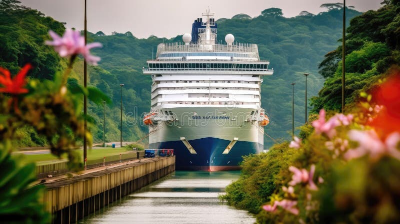 A Cruise Ship Passing through the Panama Canal with Towering Locks on ...
