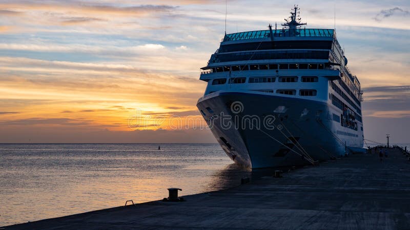 Cruise Ship in Port, Copy Space. Cruise Ship in Port at Sunset Stock ...