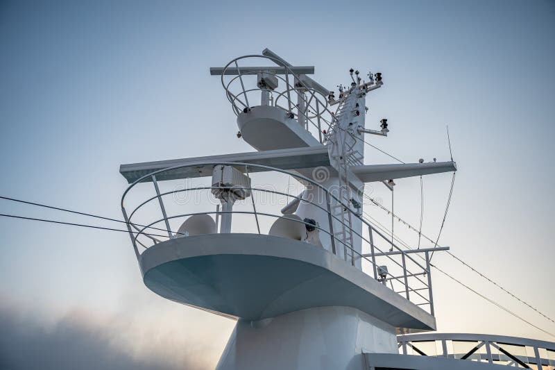 Cruise Ship Radar Tower Bridge in the Evening, Low Angle View Stock ...