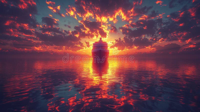 Cruise Ship Sailing Fiery Sunset Ocean Scene Stock Illustration ...