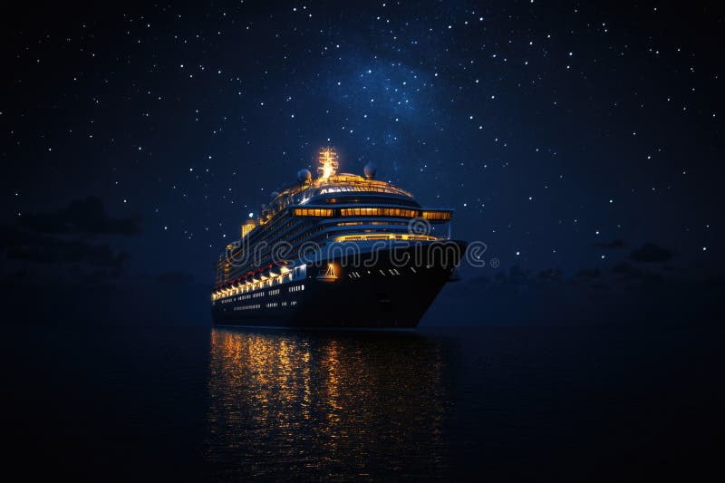 A Cruise Ship Sailing through the Open Ocean Under the Stars Stock ...