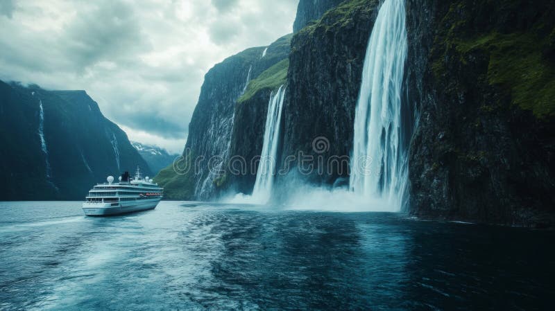 Cruise Ship Sailing Past Dramatic Waterfalls and Mountains Stock ...