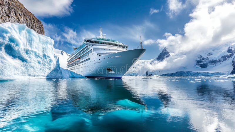 Cruise Ship Sailing Past an Iceberg and Mountains in Antarctica Stock ...