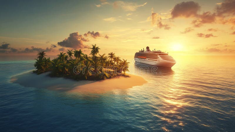 Cruise Ship Sailing Past a Tropical Island at Sunset Stock Illustration ...