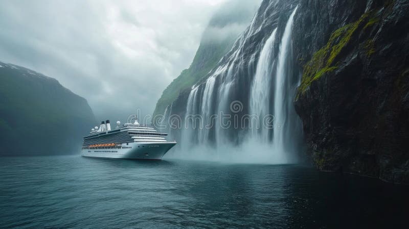 Cruise Ship Sailing Past a Waterfall in a Fjord Stock Illustration ...