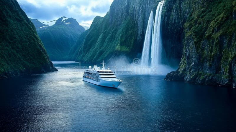 Cruise Ship Sailing Past a Waterfall in a Fjord Stock Illustration ...