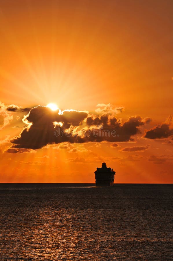 Cruise Ship Sailing into Sunset Stock Image - Image of evening ...