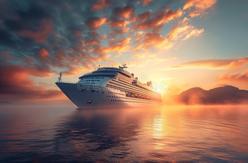 Cruise Ship Sailing at Sunset, AI-generated. Stock Photo - Image of ...