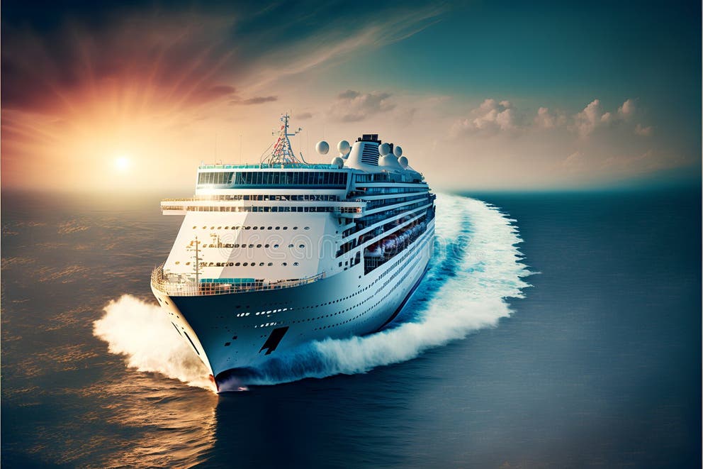 Cruise Ship in the Sea at Sunset. 3d Rendering Stock Illustration ...