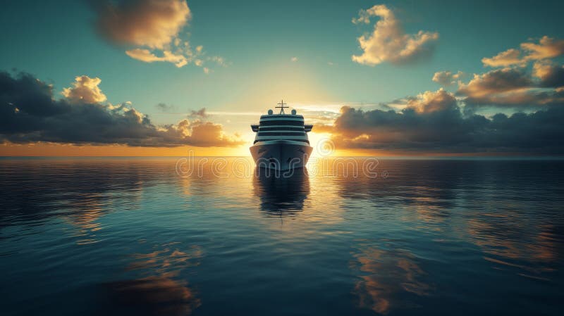 Cruise Ship at Sunset on Calm Ocean Stock Illustration - Illustration ...