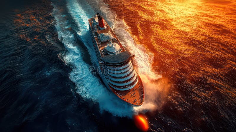 Cruise Ship Sunset Ocean Travel Aerial Wave Stock Illustration ...