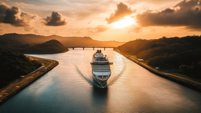 Cruise Ship Transiting the Panama Canal at Sunset Stock Illustration ...