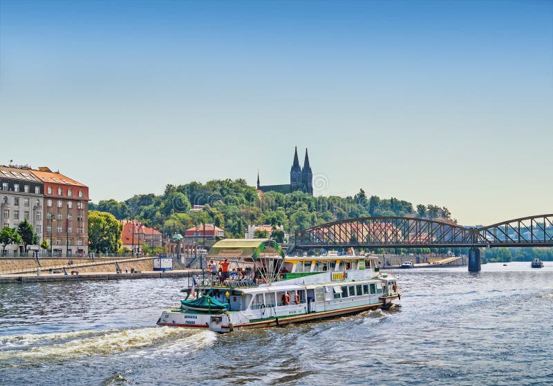 Cruise Ship Under the Bridge on the Vltava River. Prague, Czech ...