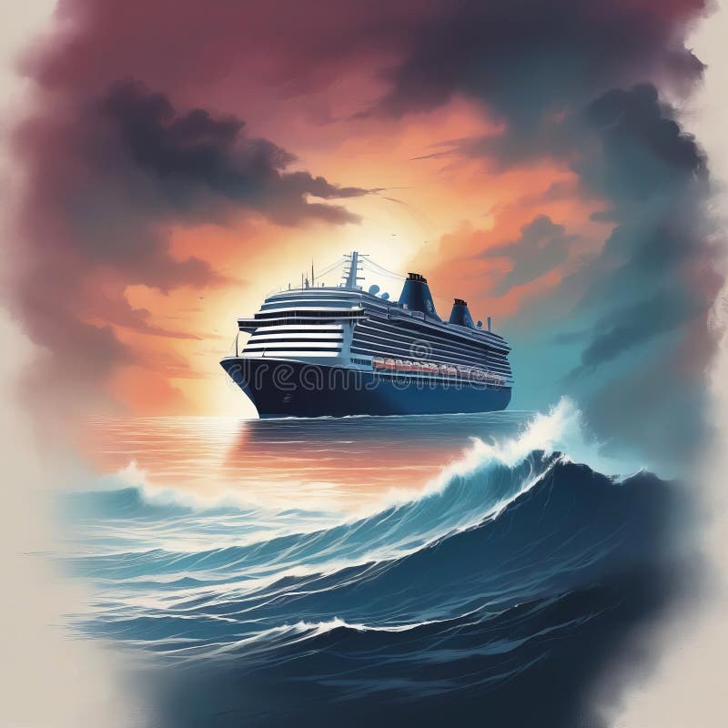 Cruise Ship Waves & Sunset Design Stock Illustration - Illustration of ...