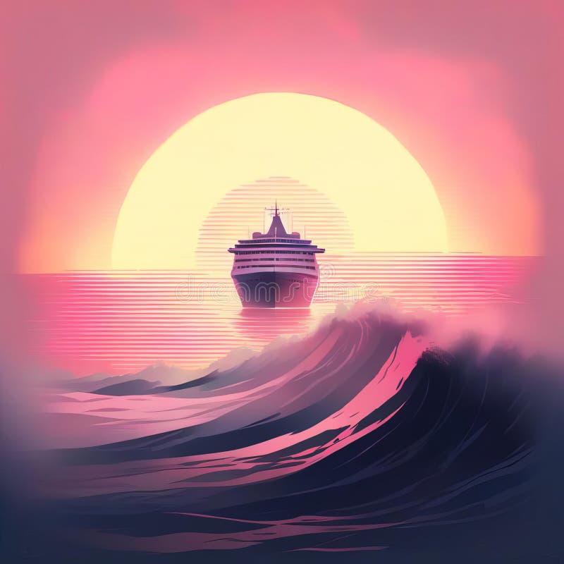 Cruise Ship Waves & Sunset Design Stock Illustration - Illustration of ...