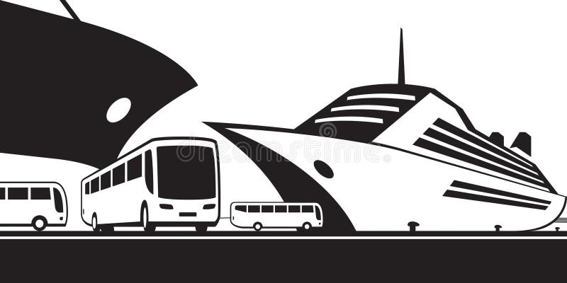 Cruise Ships and Busses on the Port Stock Vector - Illustration of ...
