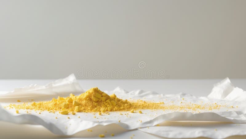 Crumbled Yellow Powder on Wrinkled White Paper Stock Image - Image of ...