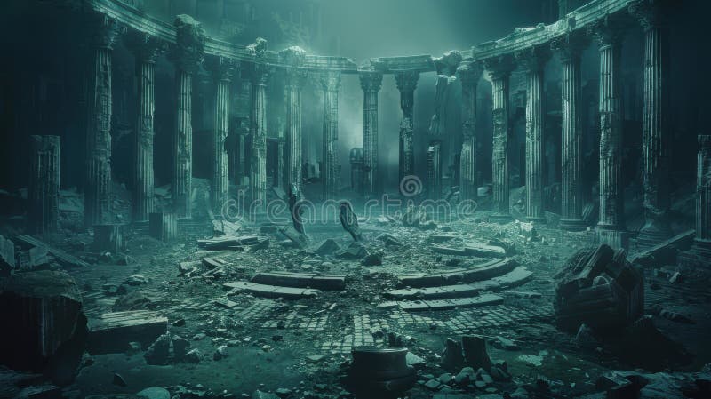 A Crumbling Ancient Structure Stands Amidst a Field of Rubble Bathed in ...