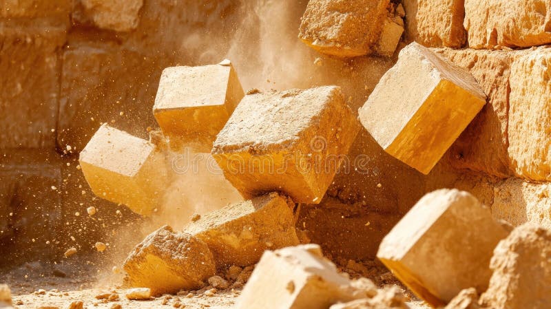 Crumbling Ancient Wall Cubes of Stone Dust Exploding in Golden Light ...