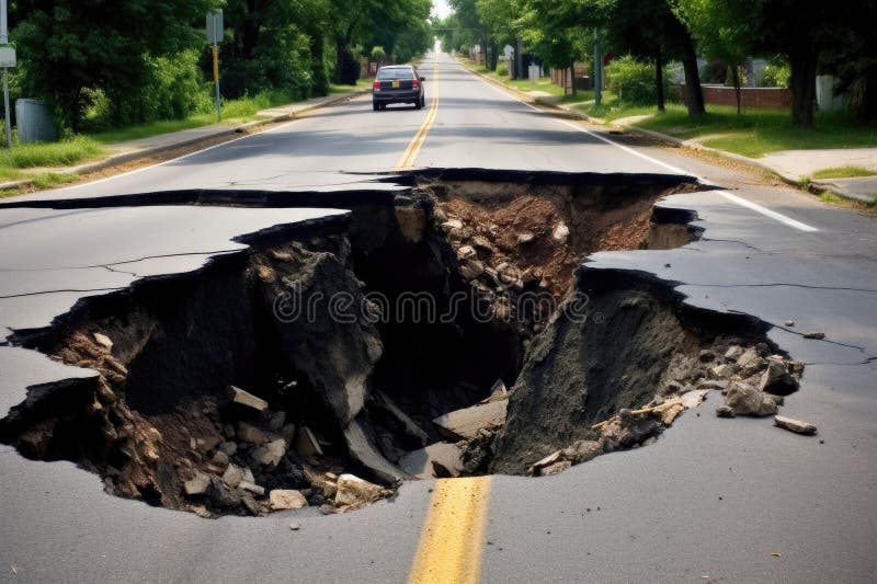 Crumbling Asphalt As a Sinkhole Emerges on a Road Stock Image - Image ...