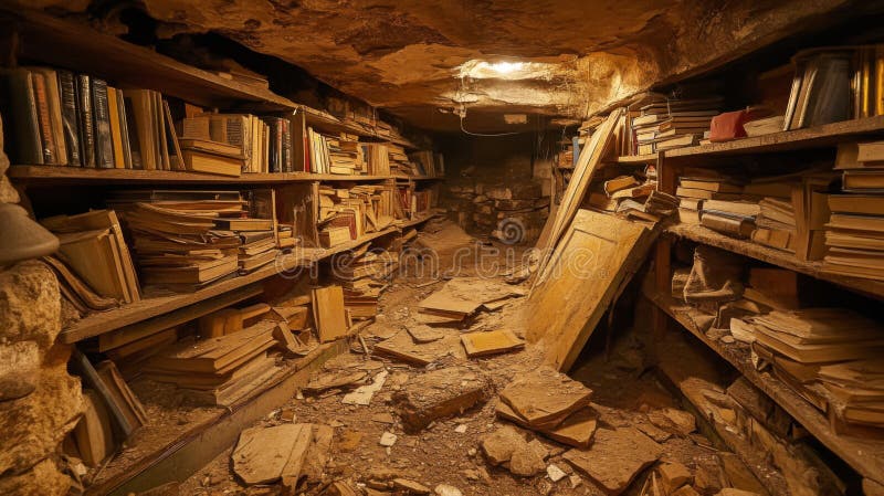 A Crumbling Bookshelf in a Dusty Cave Stock Illustration - Illustration ...