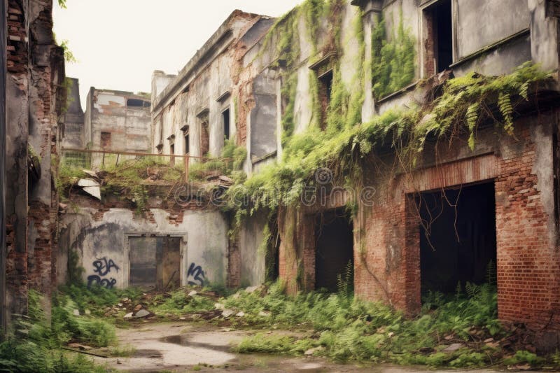 Crumbling Brick Buildings with Vines Overtaking Walls Stock ...