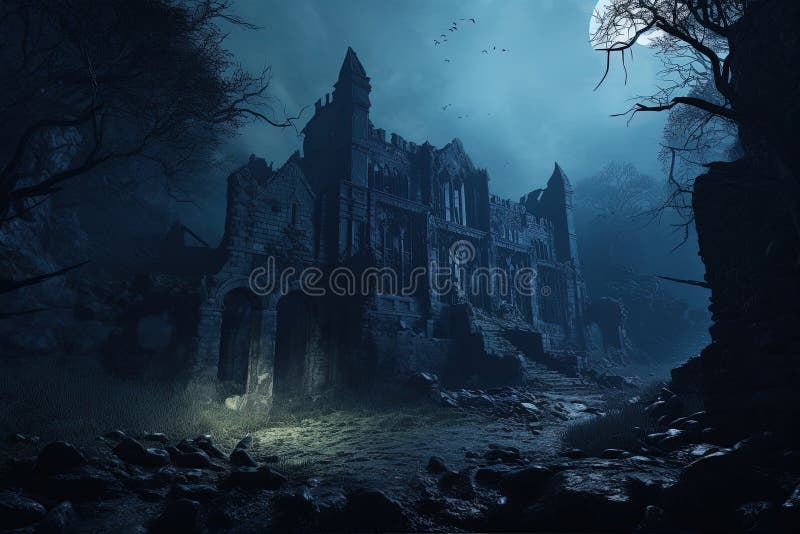 Crumbling Castle in Ruins, Late at Night in Haunted Forest Stock Image ...