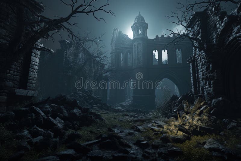 Crumbling Castle in Ruins, Late at Night in Haunted Forest Stock ...