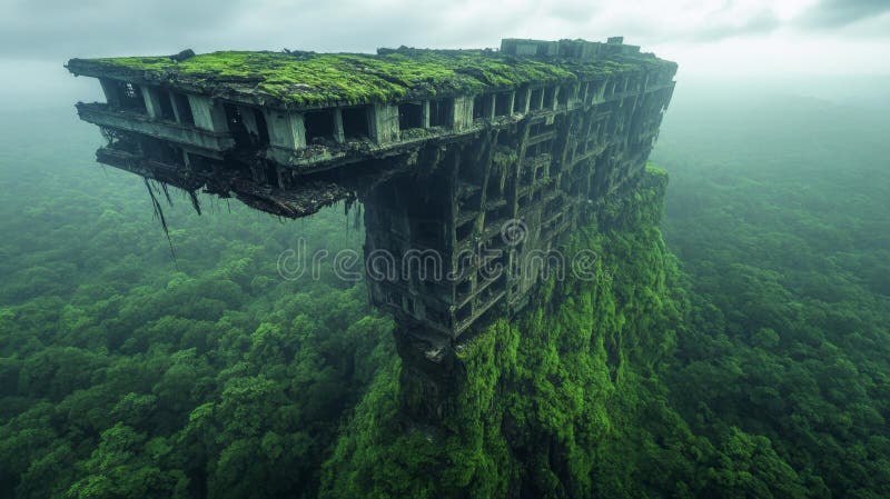 Crumbling Cliffside Tower Covered in Lush Greenery and Mist Stock ...