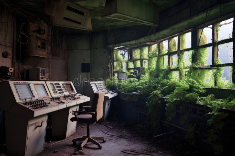 Crumbling Concrete Control Room with Overgrown Vegetation Stock ...