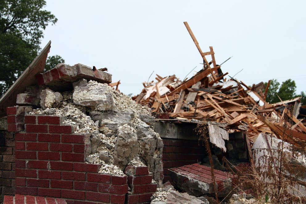 Crumbling Concrete and Falling Down Bricks with Piles of Rubble Stock ...