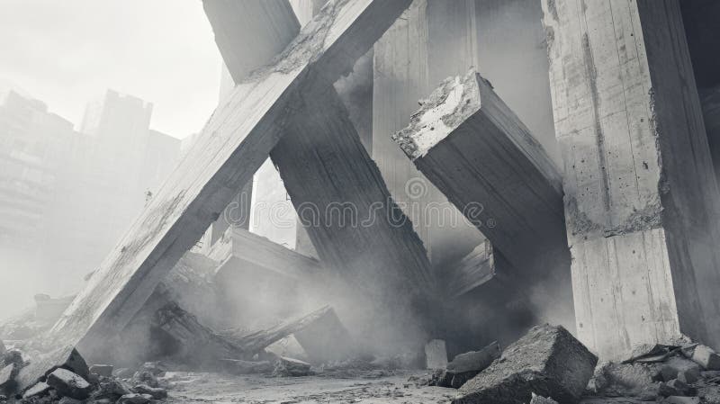 Crumbling Concrete Structure in a Foggy Aftermath Stock Illustration ...
