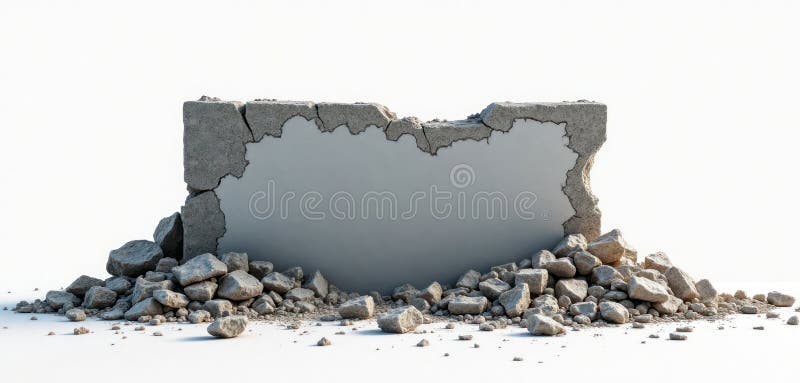 Crumbling Concrete Wall with Debris Pile. Isolated on White Background ...