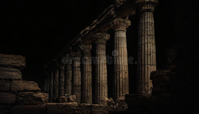 Crumbling Corridor of Ancient Stone Columns in Shadowy Temple Ruins ...