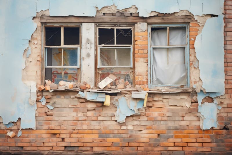 Crumbling Facade of a Brick House with Broken Windows Stock Illustration - Illustration of ...