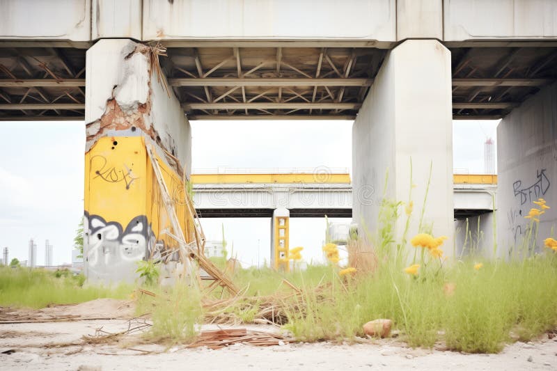 Crumbling Infrastructure Overgrown with Dry Weeds Stock Illustration ...