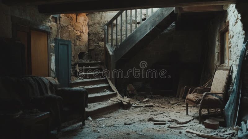 A Crumbling Interior with a Wooden Chair and Staircase Stock ...