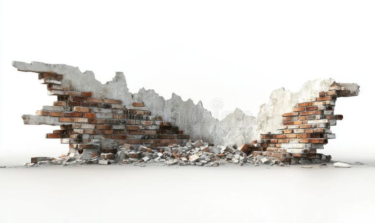 Crumbling Red Brick Wall Section on White Background Stock Illustration ...