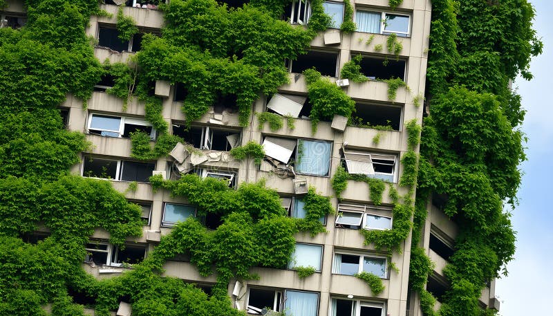 Crumbling Skyscraper Facade Covered in Green Vegetation, Plants Growing ...