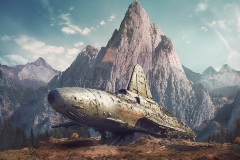 Crumbling Spacecraft with a Dramatic Mountain Backdrop Stock ...