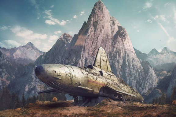 Crumbling Spacecraft with a Dramatic Mountain Backdrop Stock ...
