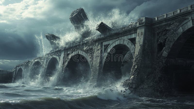 Crumbling Stone Bridge Collapsing into Stormy Sea Stock Illustration ...